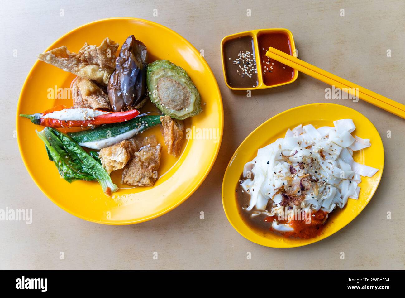 Overhead view of Yong tofu with chee cheong fun combination served in ...