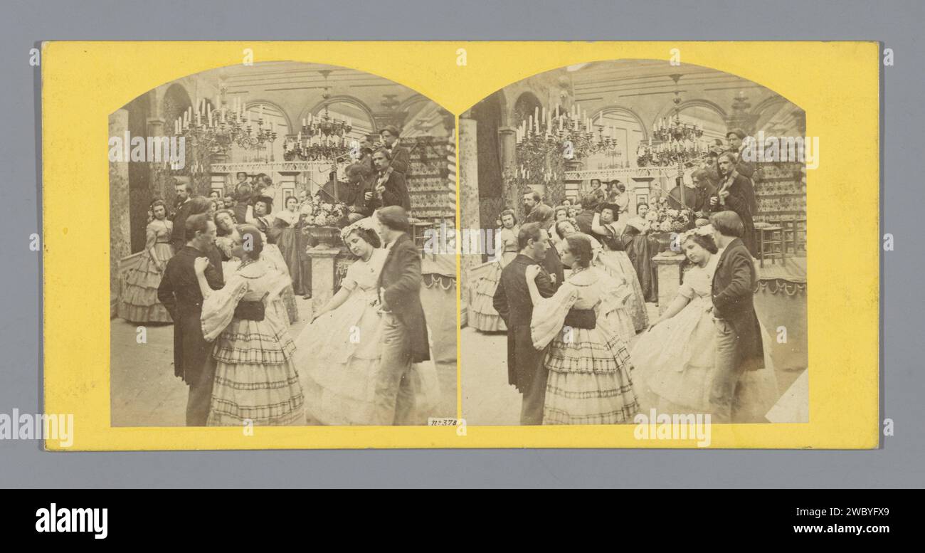 Dancing couples and musicians in a room with arches and chandeliers ...