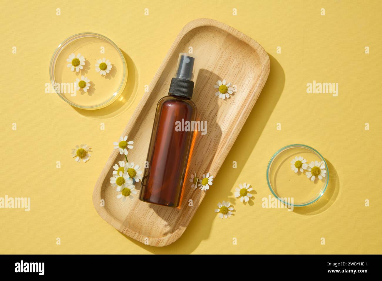 A spray bottle without label placed on a wooden dish. Two petri dishes ...
