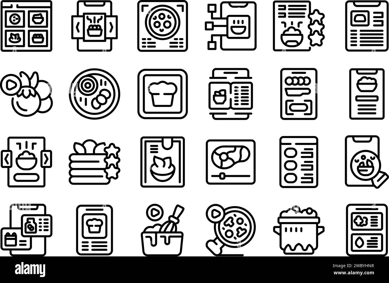 Recipe app icons set outline vector. Technology kitchen. Laptop ...