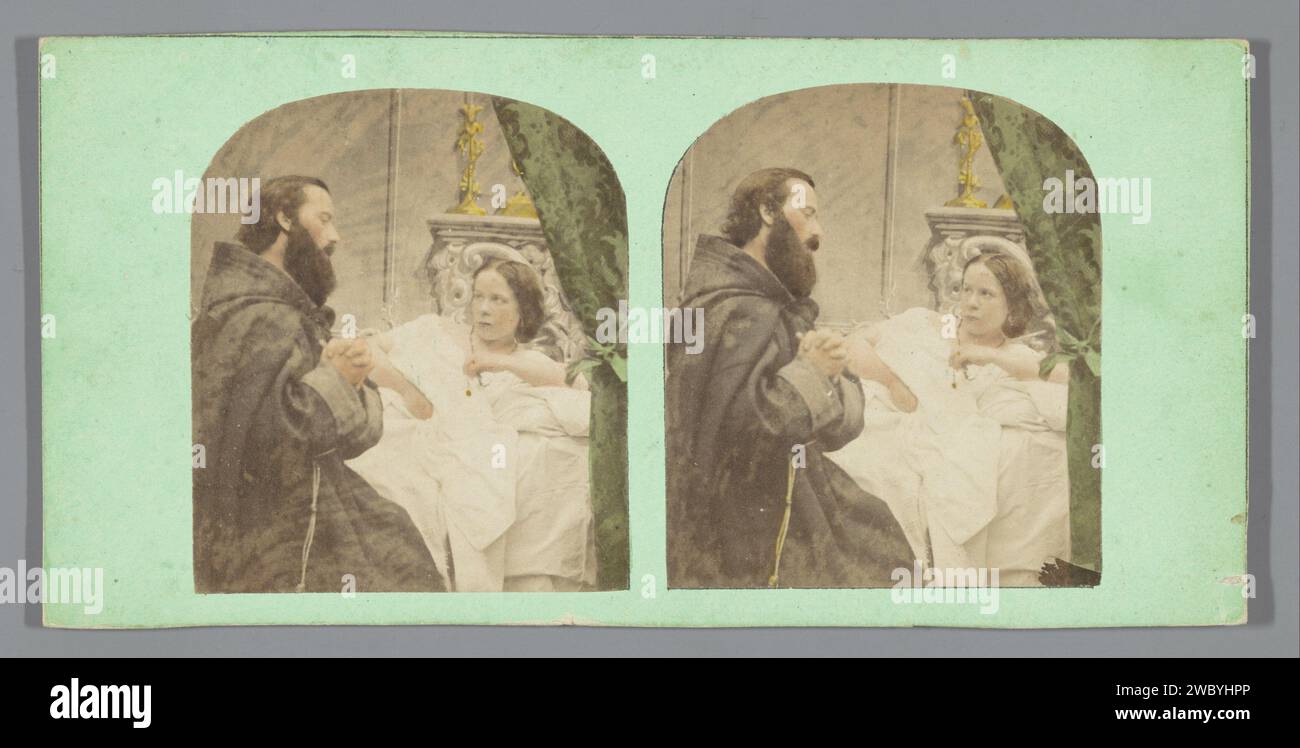 Woman is in bed with a praying priest next to her, Anonymous, 1852 ...