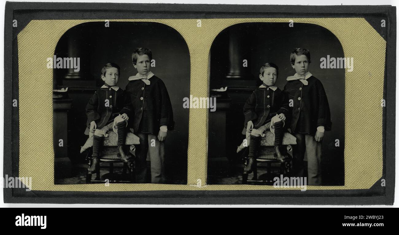 Double portrait of two unknown boys, Anonymous, 1854 - 1880 stereograph glass. paper ambrotype ...