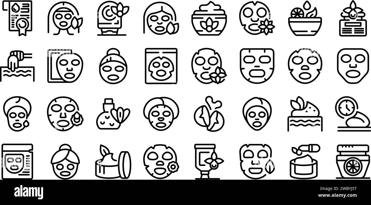 Face mask spa icons set outline vector. Facial sheet pack. Cosmetic ...