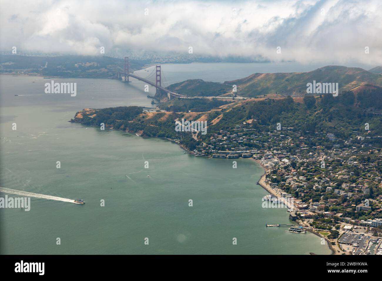 Aerial view of clouds rolling over the Marin Headlands, Golden Gate ...