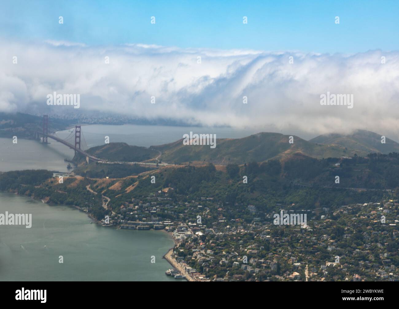 Aerial view of clouds rolling over the Marin Headlands, Golden Gate ...