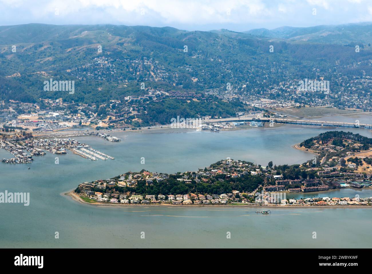 Aerial view of the Tiburon Peninsula houses, marinas, and boat docks ...