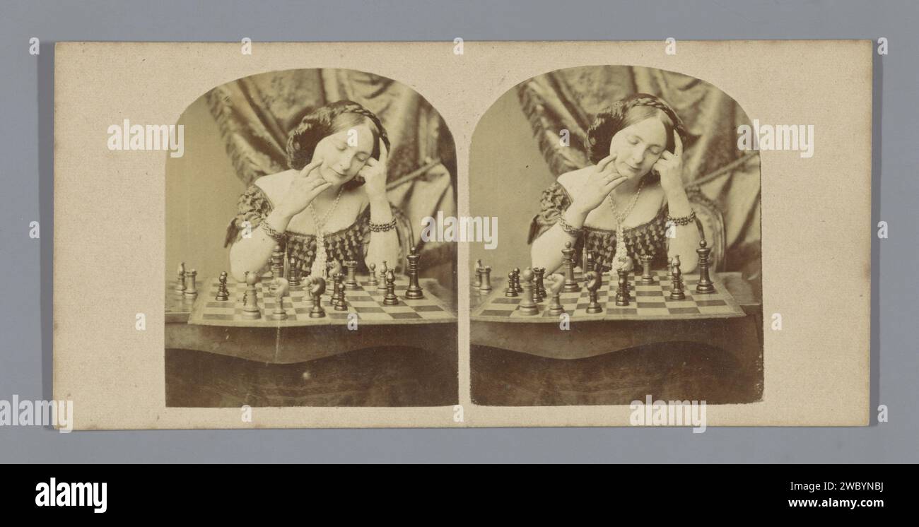 Woman behind a chessboard, anonymous, c. 1850 - c. 1880 stereograph ...
