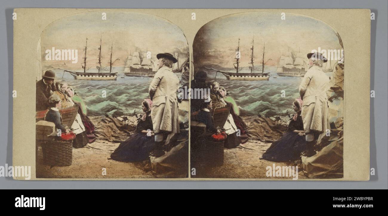 Six people on a beach with two sailing ships in the background, Rottmann & Co. Gebhardt, 1852 ...