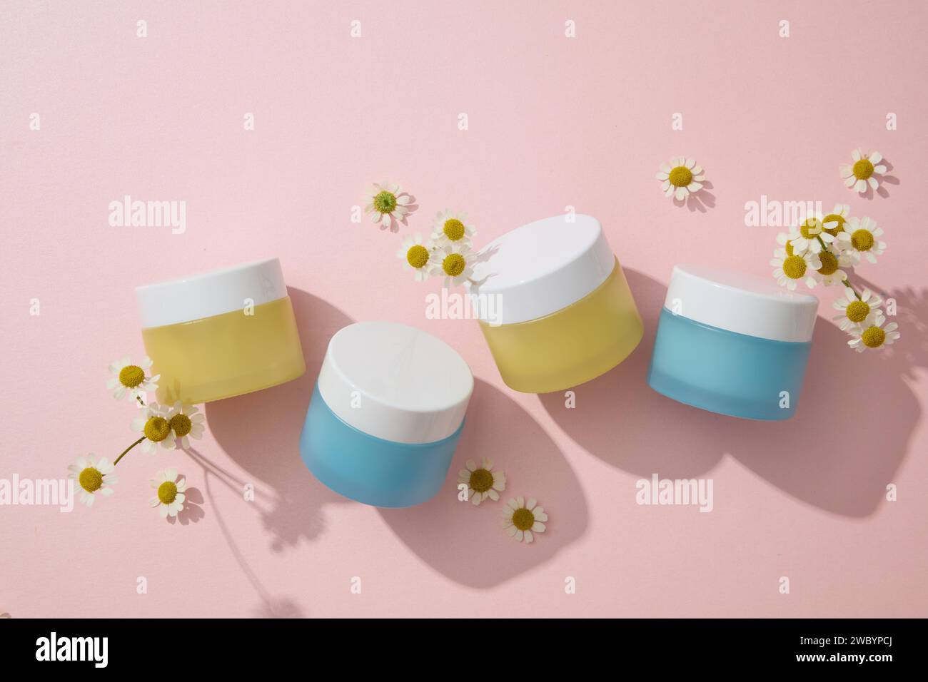 Yellow and blue jars decorated with Chamomilla flowers on pastel ...