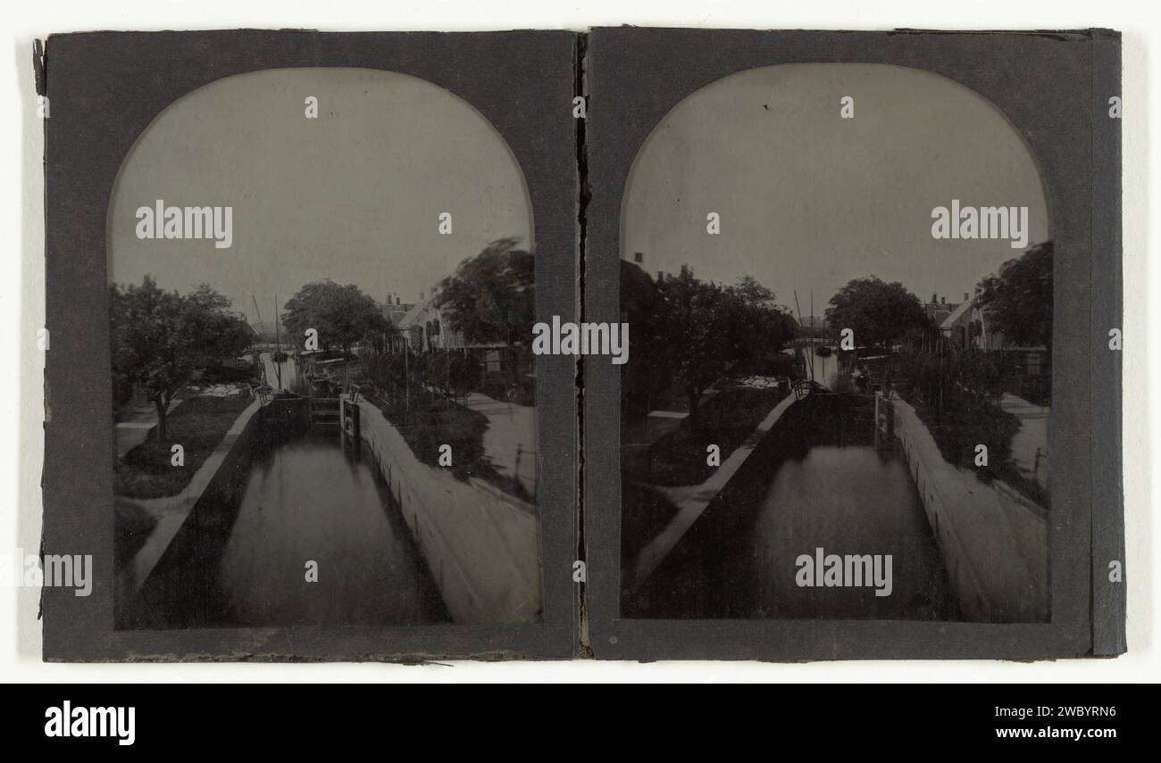 Dutch village view, harbor with lock, anonymous, 1854 - 1880 stereograph Netherlands glass ...