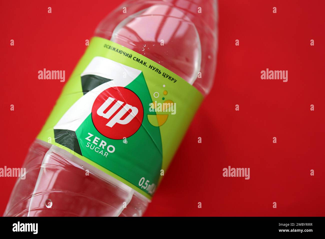 KYIV, UKRAINE - OCTOBER 31, 2023 7up 0,5 liter zero sugar plastic ...