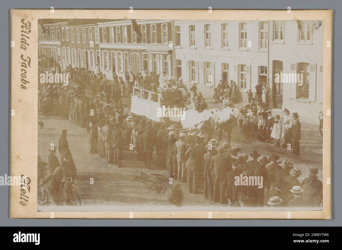 Belgium, street scene with parade led by Horse and Wagen, Hilda Jacobs ...