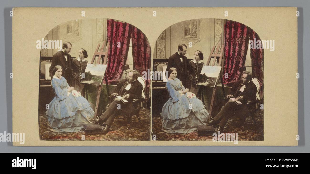 Living room scene with two couples who view a painting, Anonymous, 1852 ...