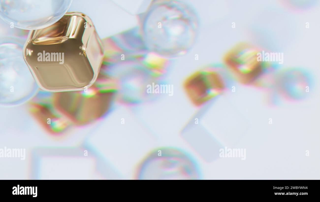 Abstract composition. Golden cubes and glass spheres. Chromatic ...