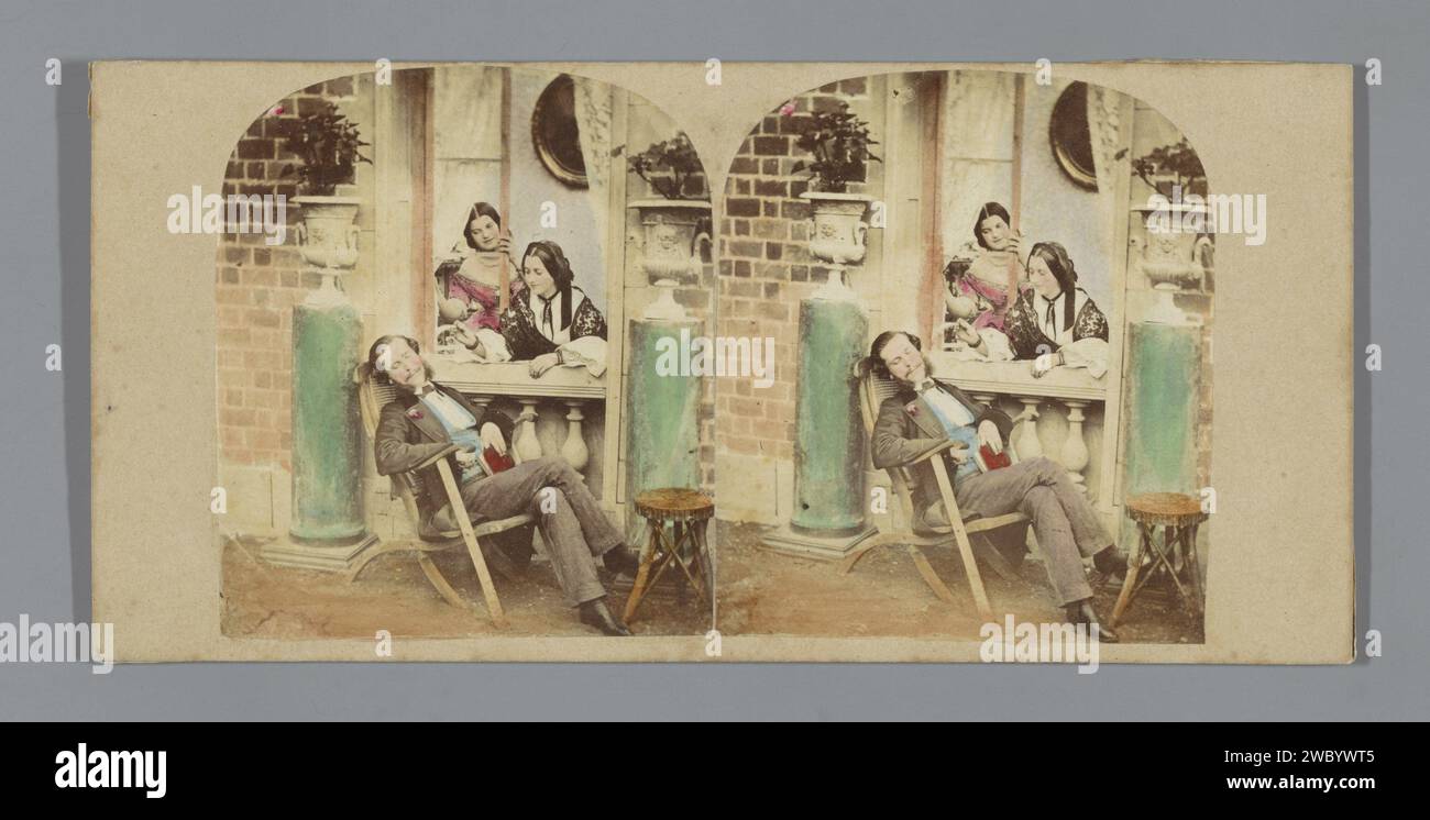 Two women tease a sleeping man, Anonymous, 1852 - 1863 stereograph ...