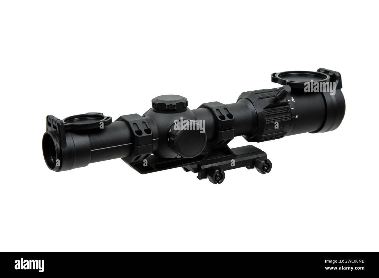 Modern sniper scope on a white background. Optical device for aiming ...