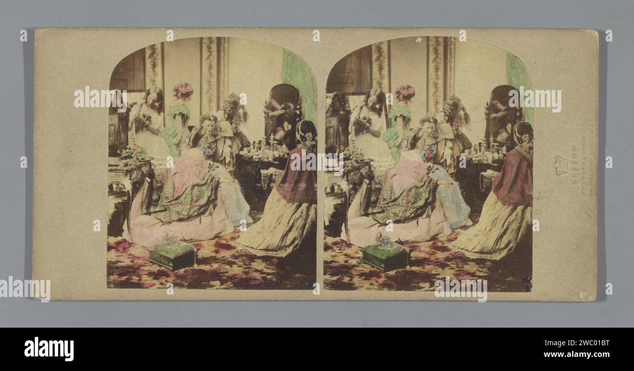 Six women around a dressing table, Edwin Sutton, 1852 - 1863 stereograph London cardboard. paper ...