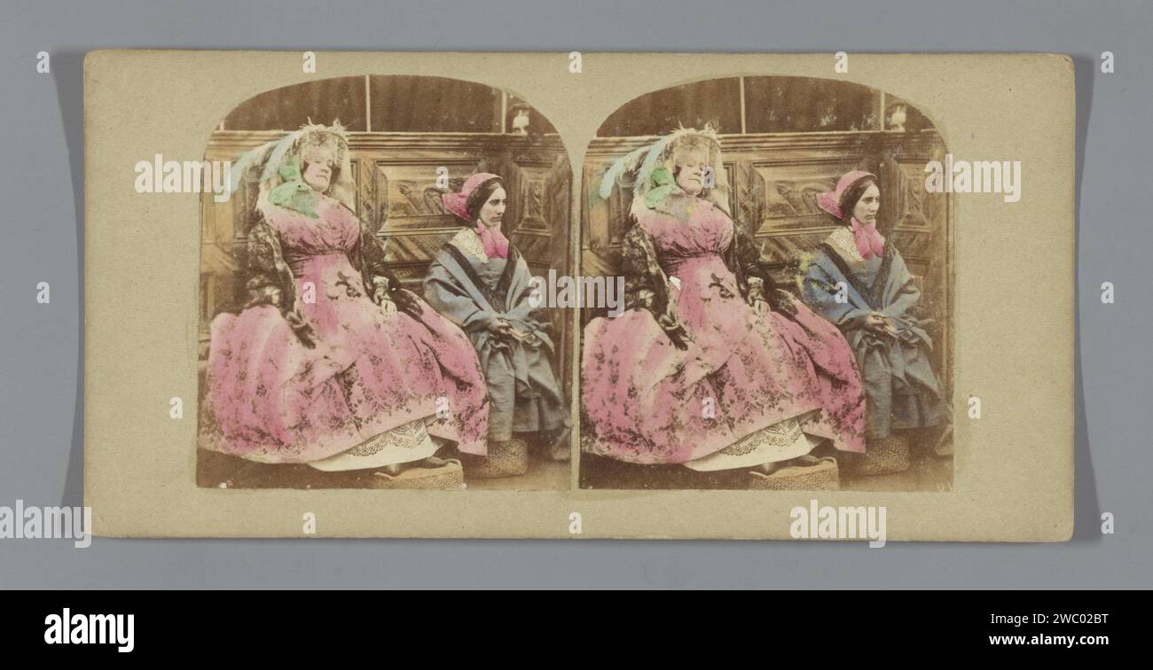 Two women are watched by a third woman, Anonymous, 1852 - 1863 stereograph cardboard. paper ...