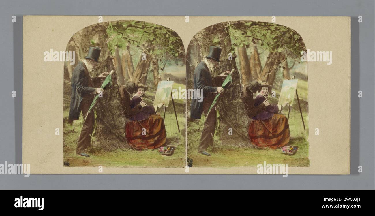 Scene in a forest with two men and a woman behind an easel, James Elliott, 1856 - 1861 ...