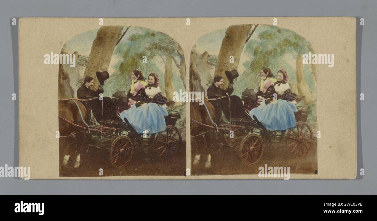 A man and two women in an open carriage, Alfred Silvester, 1850 - 1864 stereograph London ...