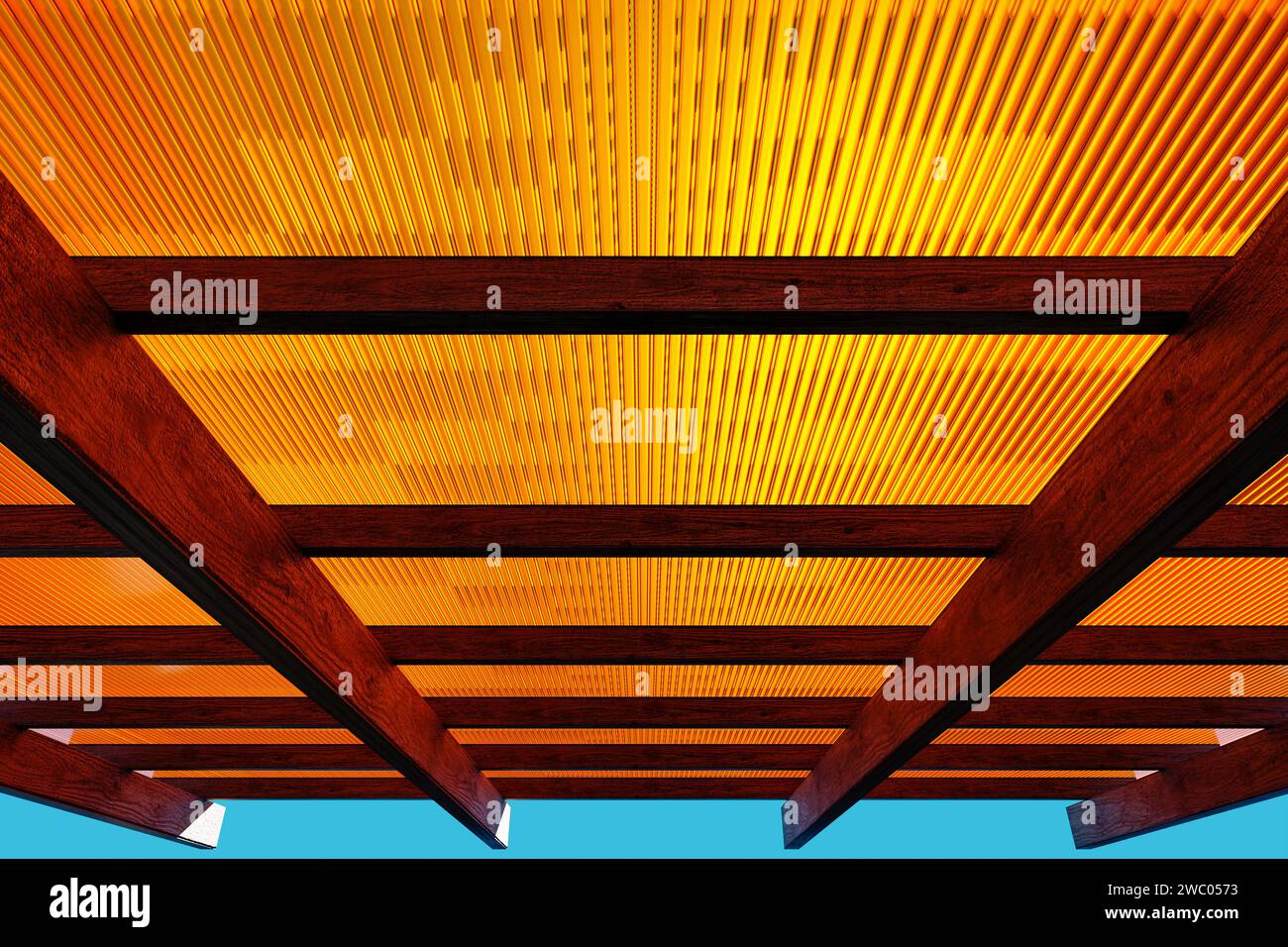 Wooden canopy roof structure made of colored polycarbonate Stock Photo ...