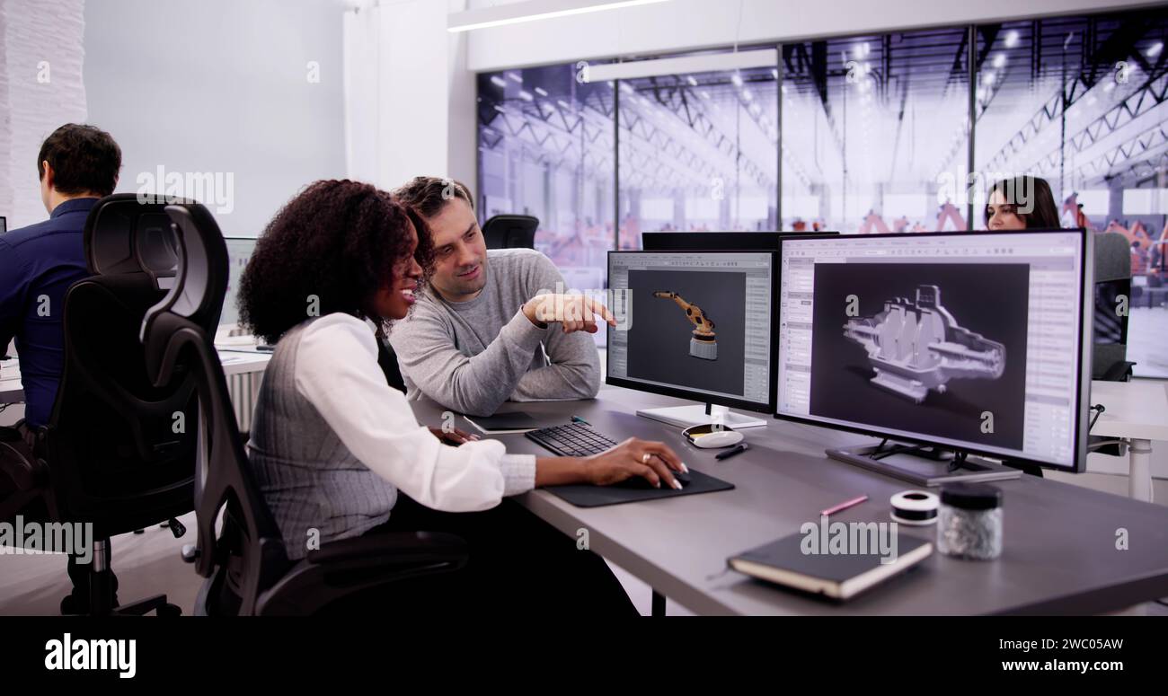 Industrial Engineers In Factory. Robot Design Innovation Stock Photo ...