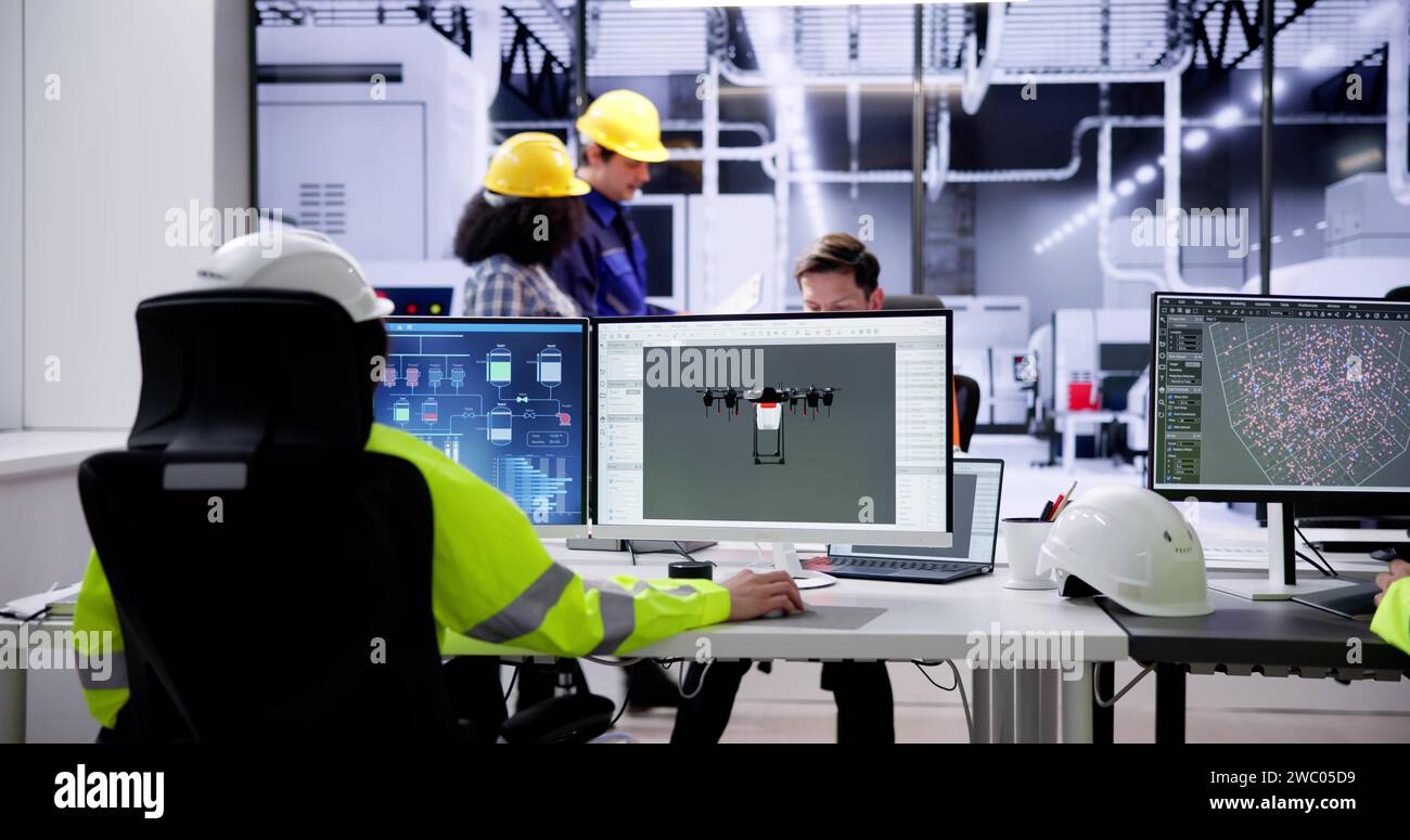 Engineer Doing 3D CAD Model Design On Computer At Factory Stock Photo ...