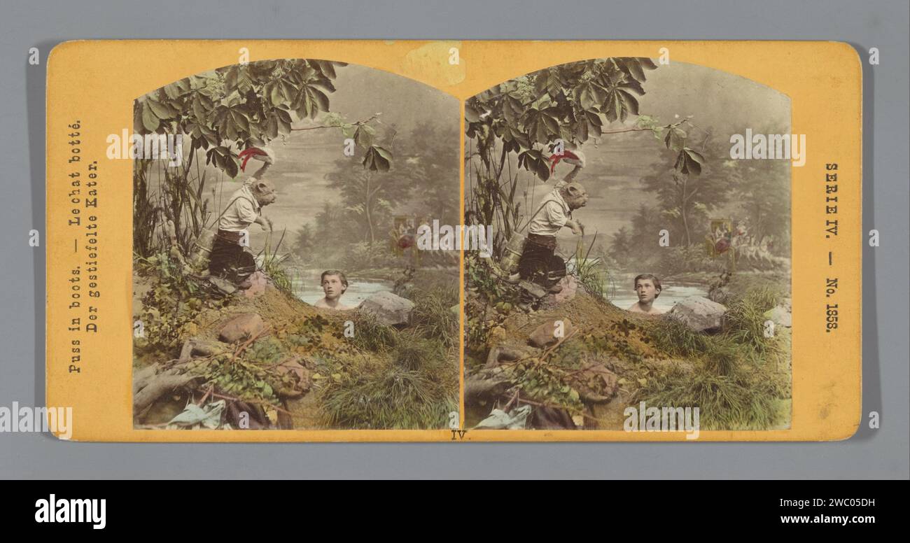 Scene with the booted cat, Anonymous, 1868 - 1890 stereograph cardboard ...