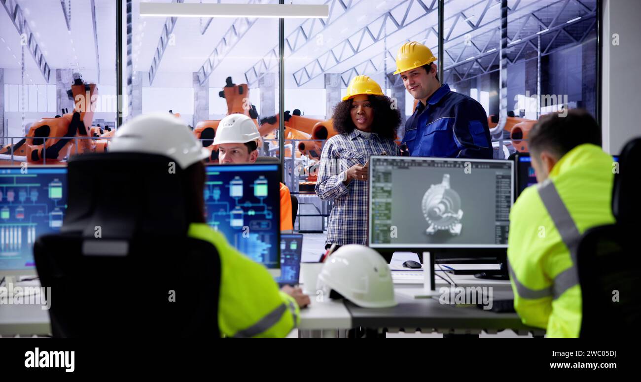 Engineer Doing 3D CAD Model Design On Computer At Factory Stock Photo ...