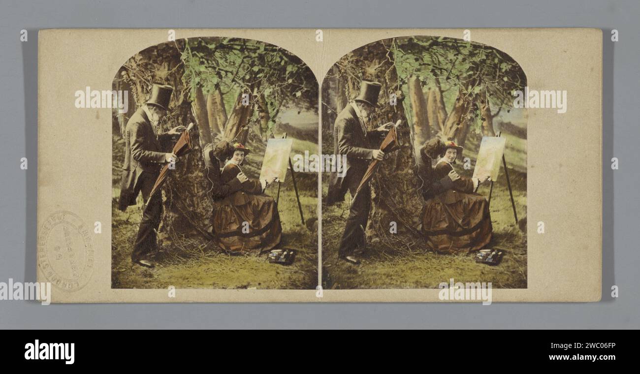 Scene in a forest with two men and a woman behind an easel, James Elliott, 1856 - 1859 ...