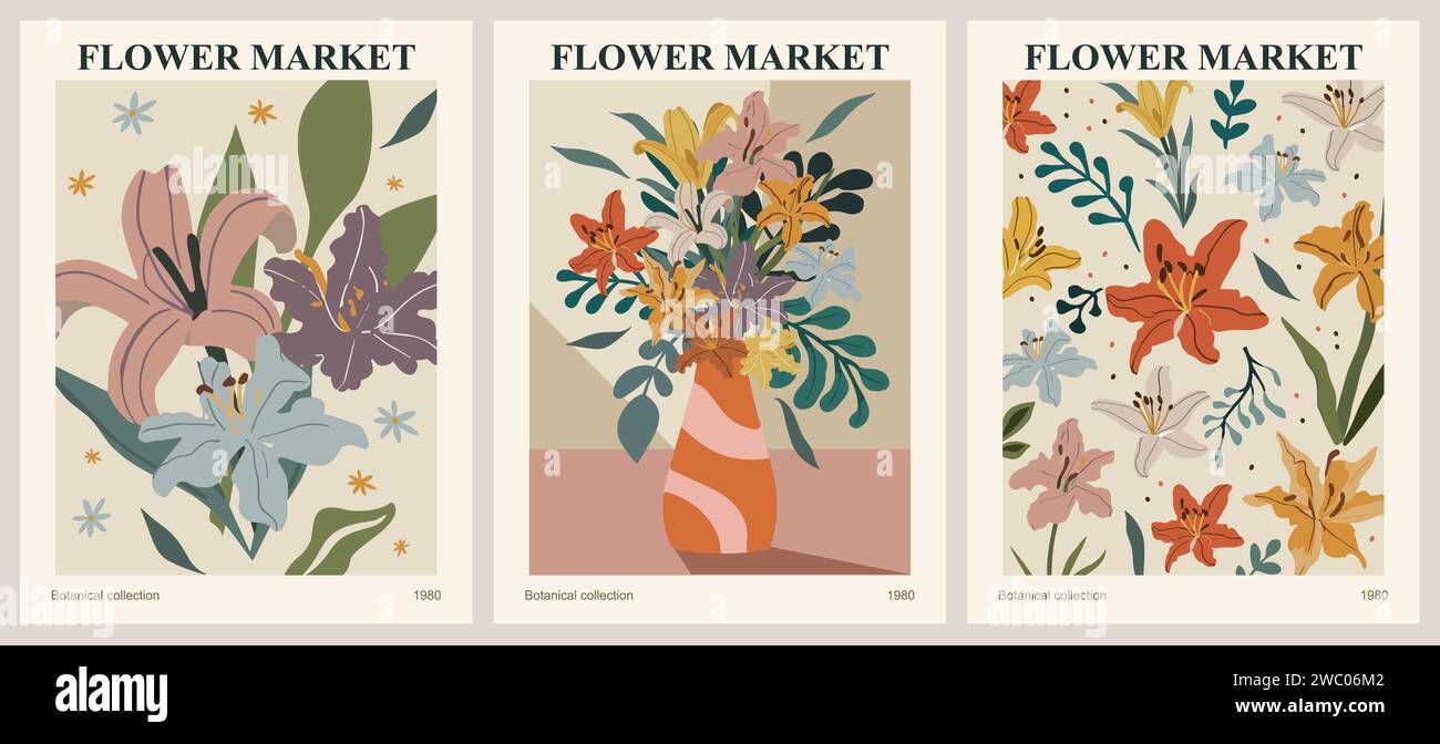 Set of abstract Flower Market vector art posters Stock Vector Image ...