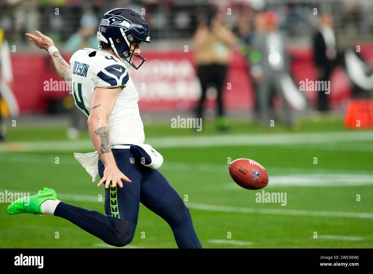 Seattle Seahawks punter Michael Dickson kicks the ball against the ...