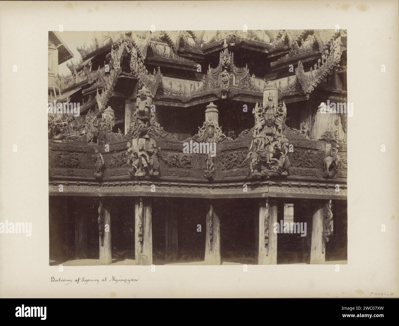 Balcony of a monastery with carved decorations in Myingyan, Myanmar ...