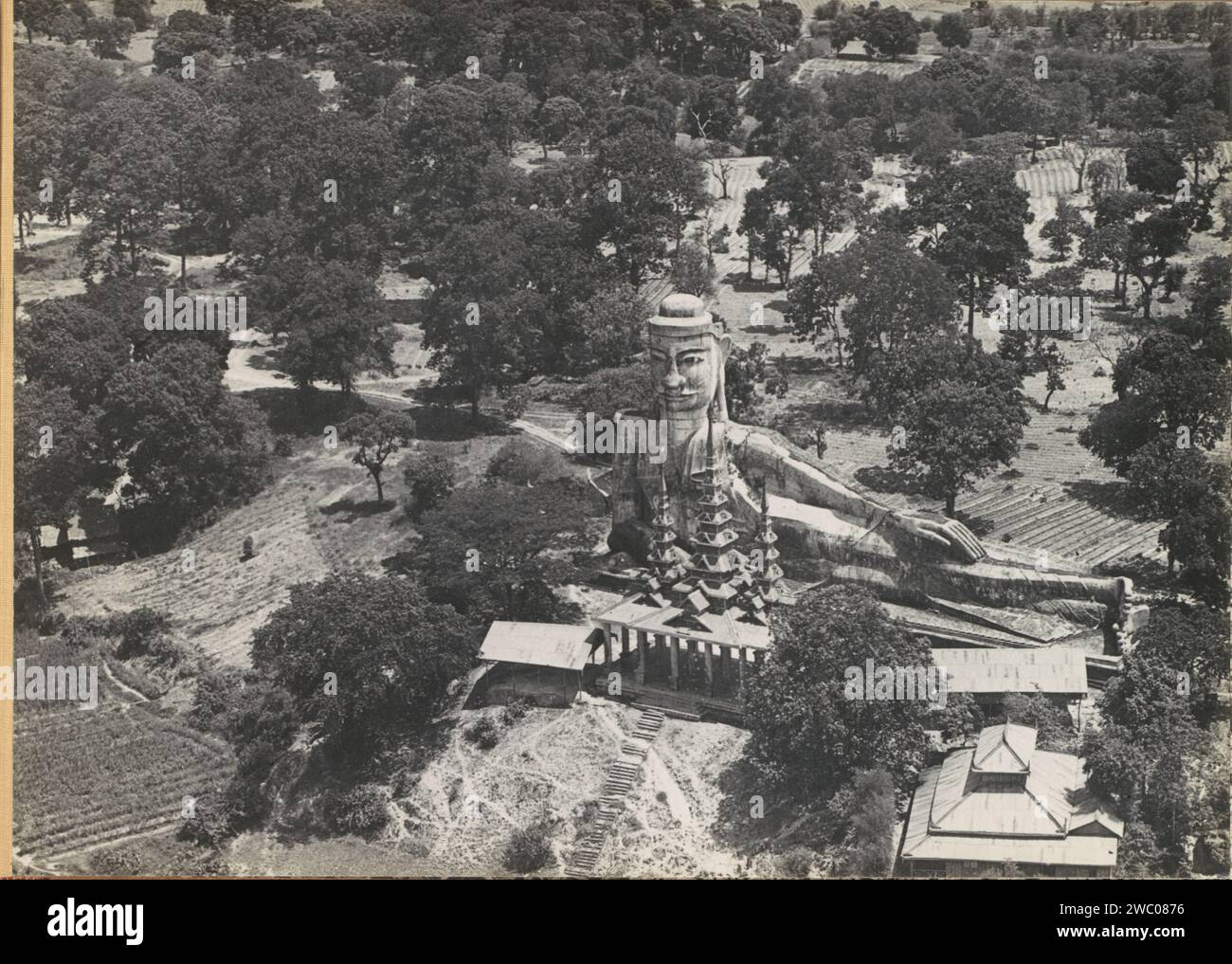 Lying Buddha statue and Pagoda, seen from the air, c. 1930 - c. 1940 ...