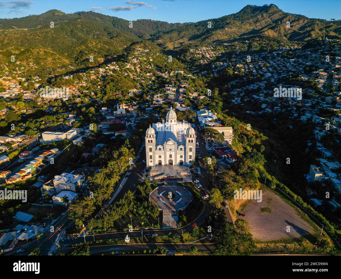 An aerial of the Basilica of Our Lady of Suyapa in Tegucigalpa ...