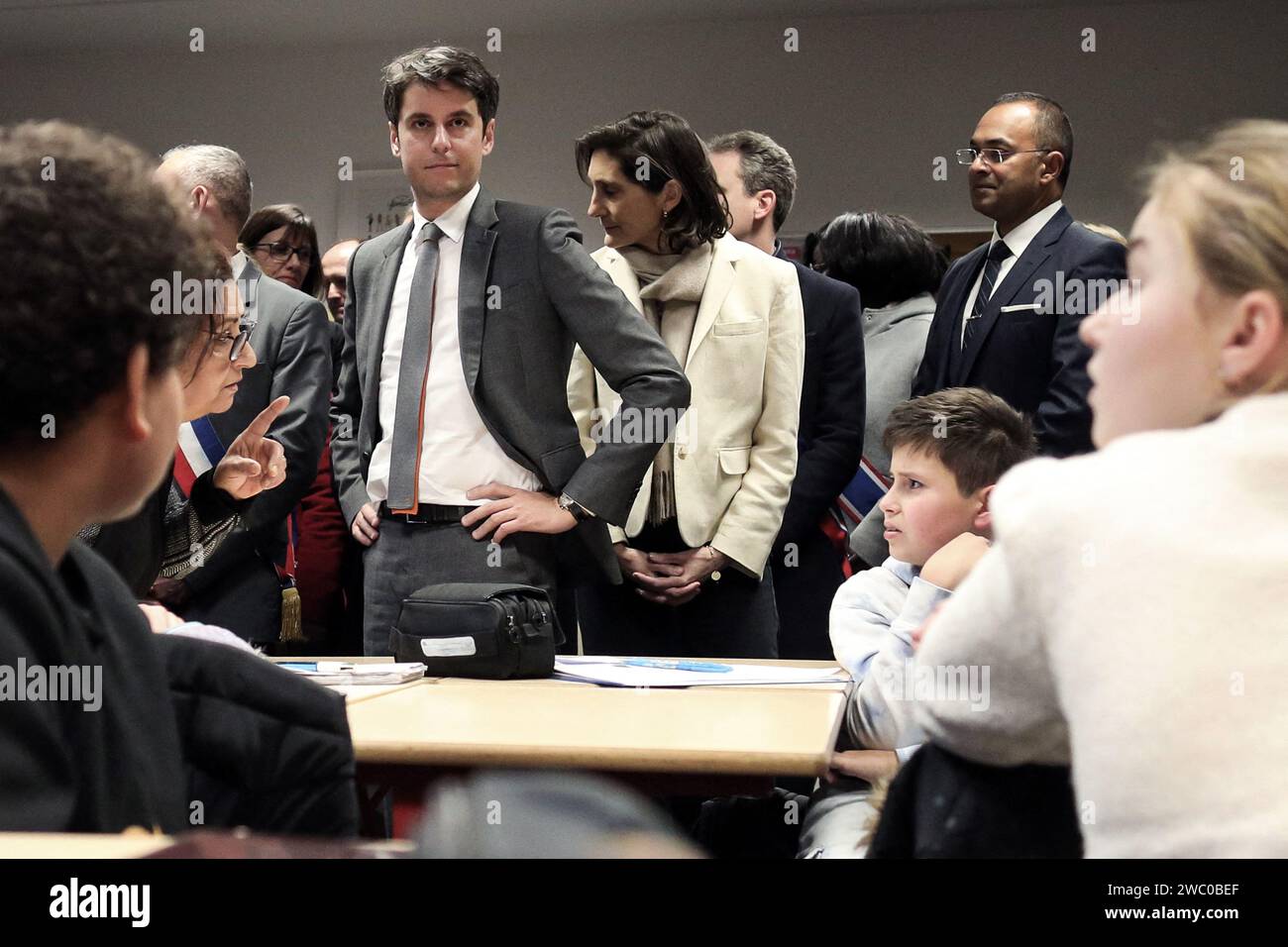 Andresy, France. 12th Jan, 2024. French Prime Minister Gabriel Attal ...
