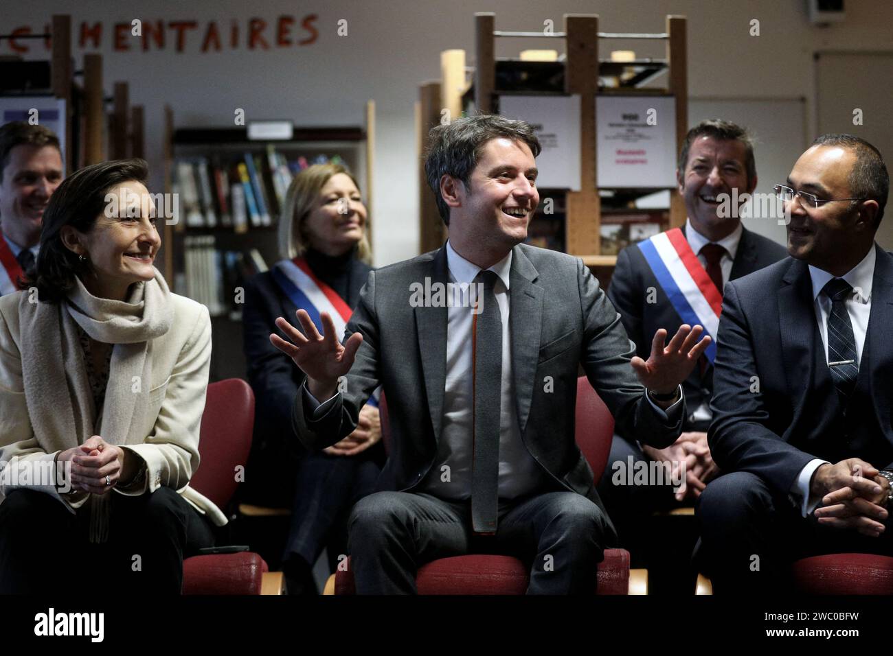 Andresy, France. 12th Jan, 2024. French Prime Minister Gabriel Attal ...