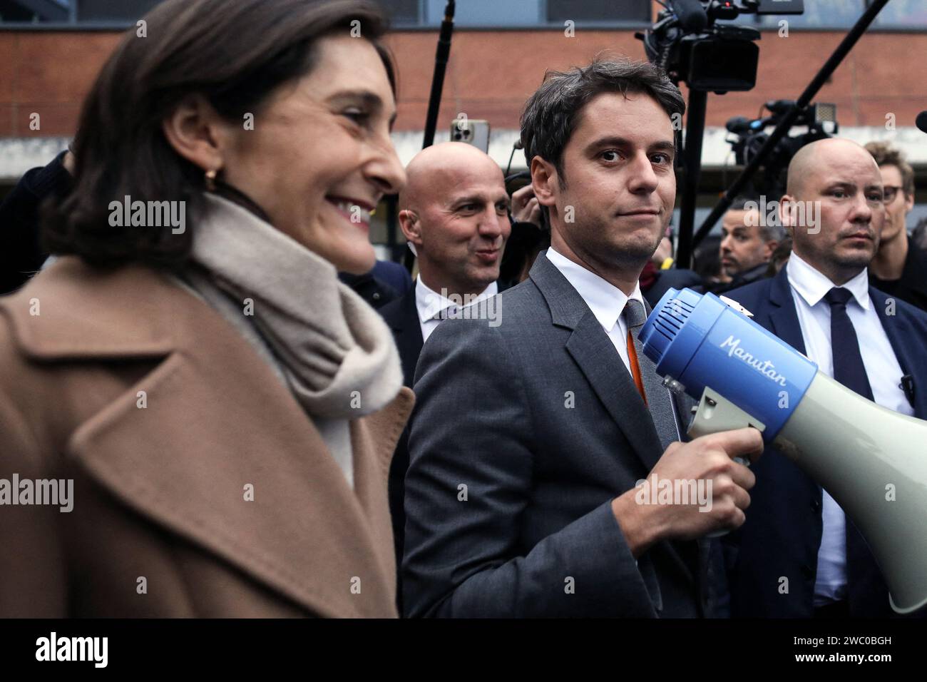Andresy, France. 12th Jan, 2024. French Prime Minister Gabriel Attal ...