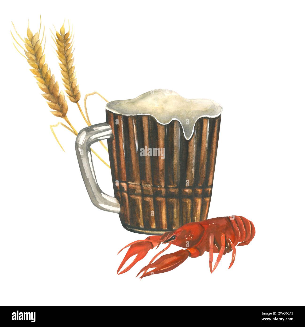 Watercolor composition of illustrations of a mug of beer, boiled ...