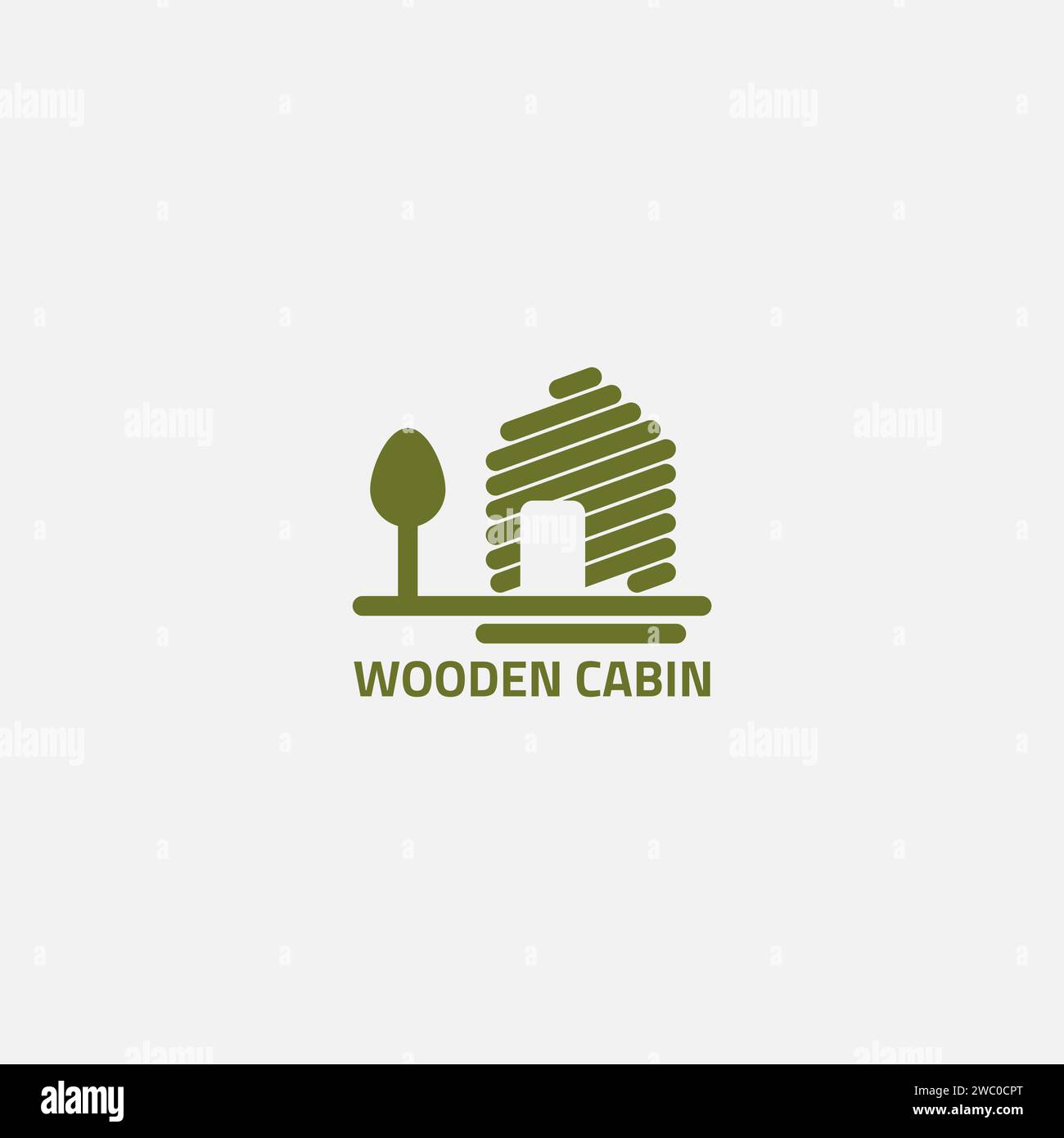 The cabin logo is made of wood and the tree next to it and it's green ...
