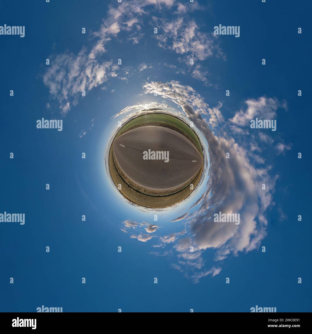 simple tiny planet without buildings in blue sky with beautiful clouds ...