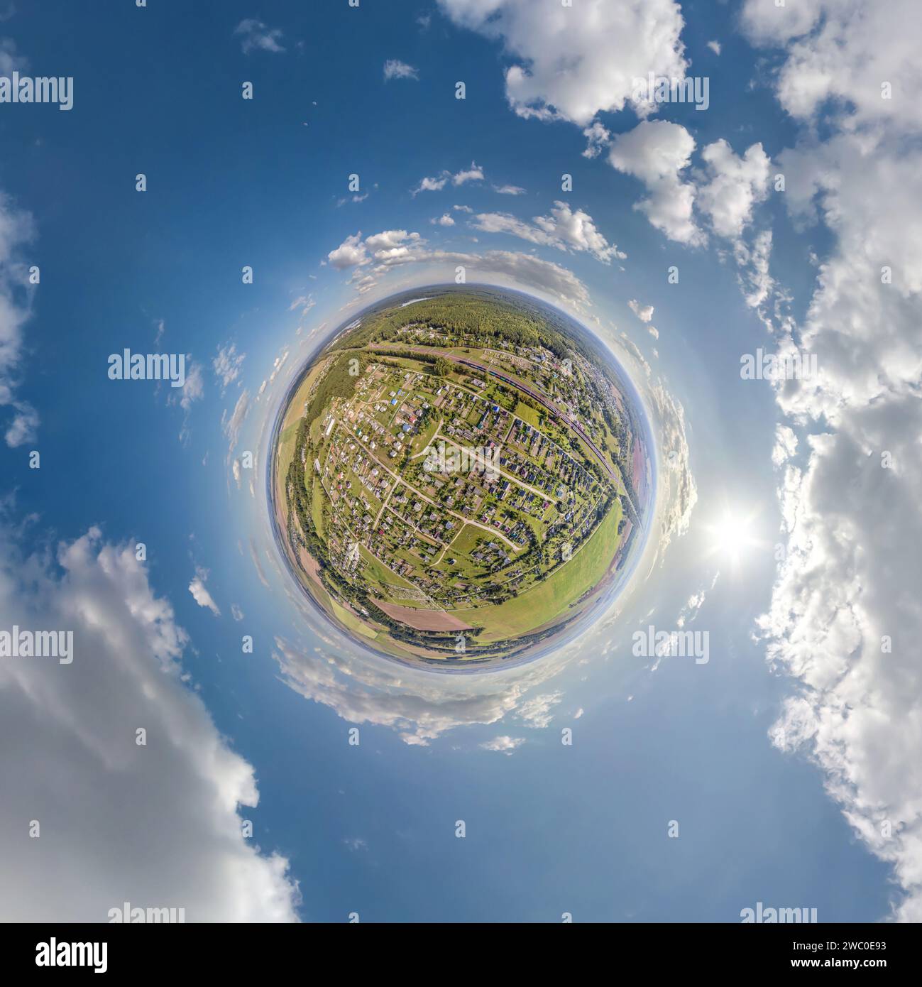 simple tiny planet without buildings in blue sky with beautiful clouds ...