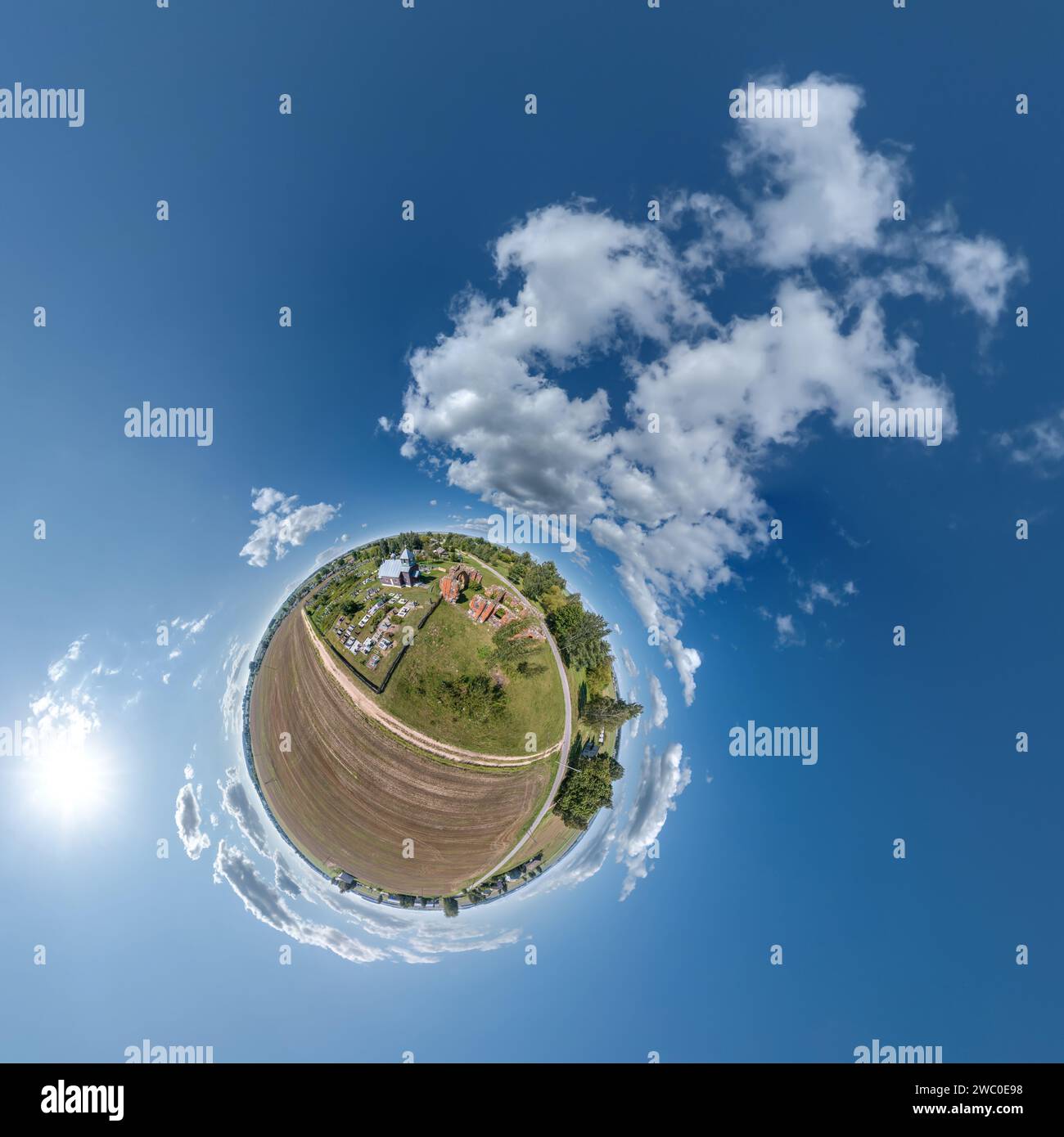 simple tiny planet without buildings in blue sky with beautiful clouds ...