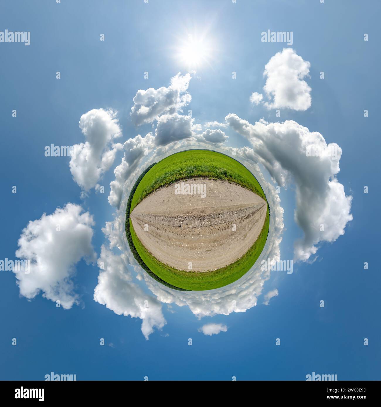 simple tiny planet without buildings in blue sky with beautiful clouds ...