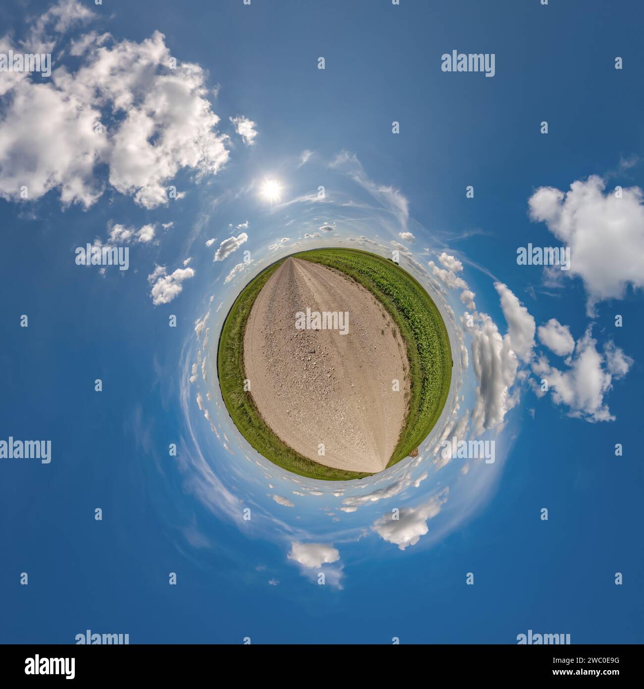 simple tiny planet without buildings in blue sky with beautiful clouds ...