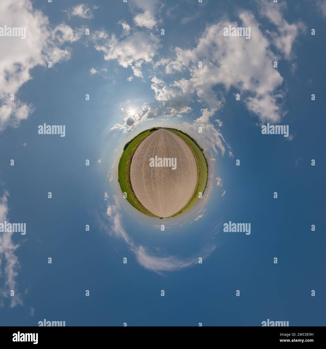 simple tiny planet without buildings in blue sky with beautiful clouds ...