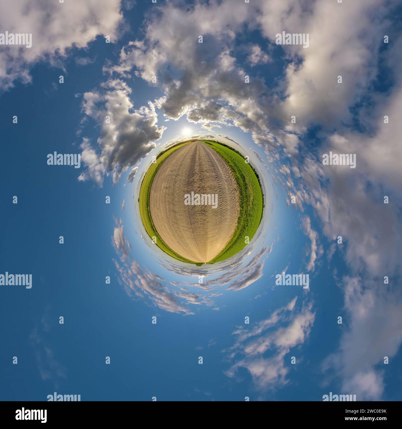 simple tiny planet without buildings in blue sky with beautiful clouds ...