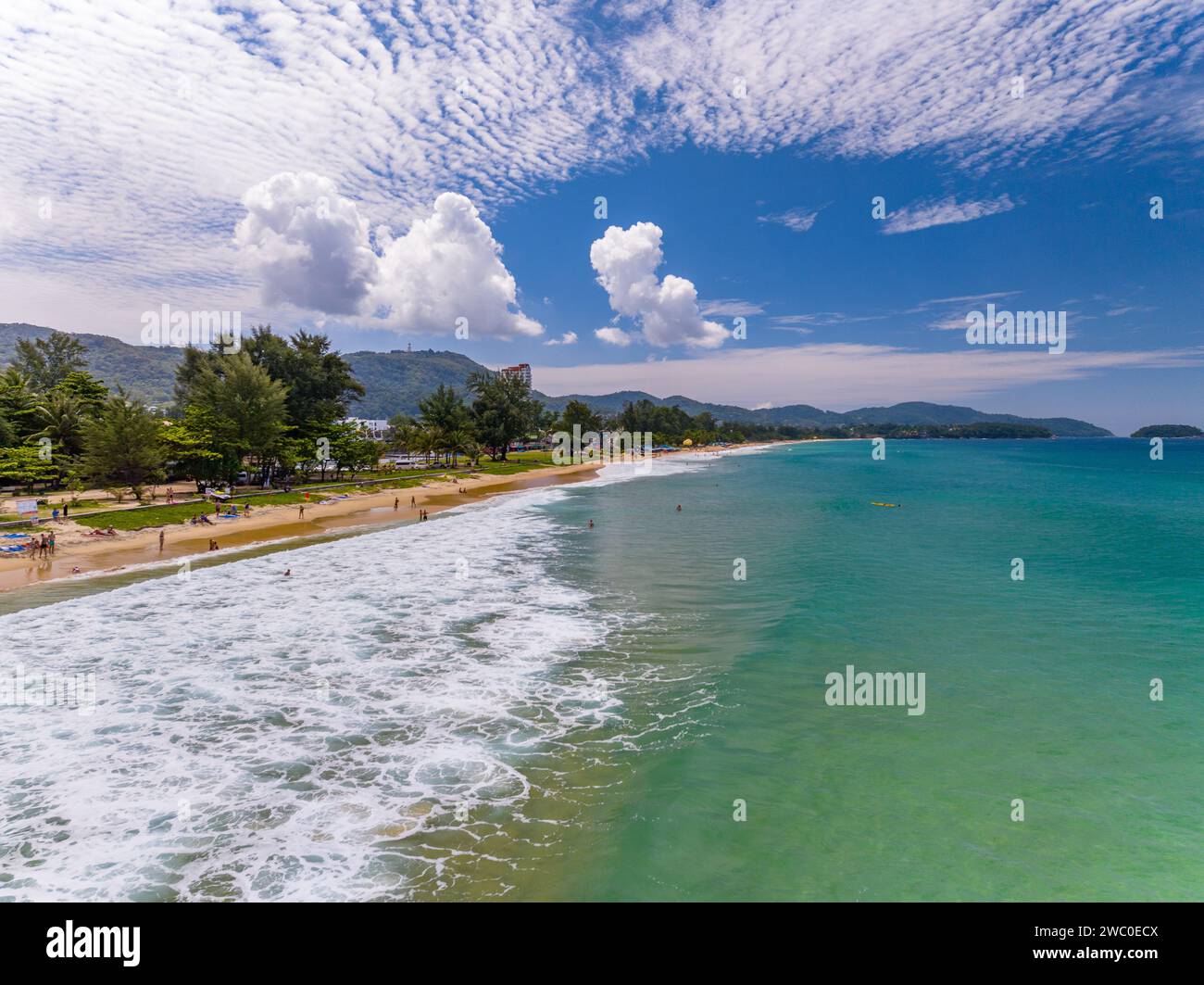 Aerial view of Waves crashing on sandy shore,Sea surface ocean waves ...