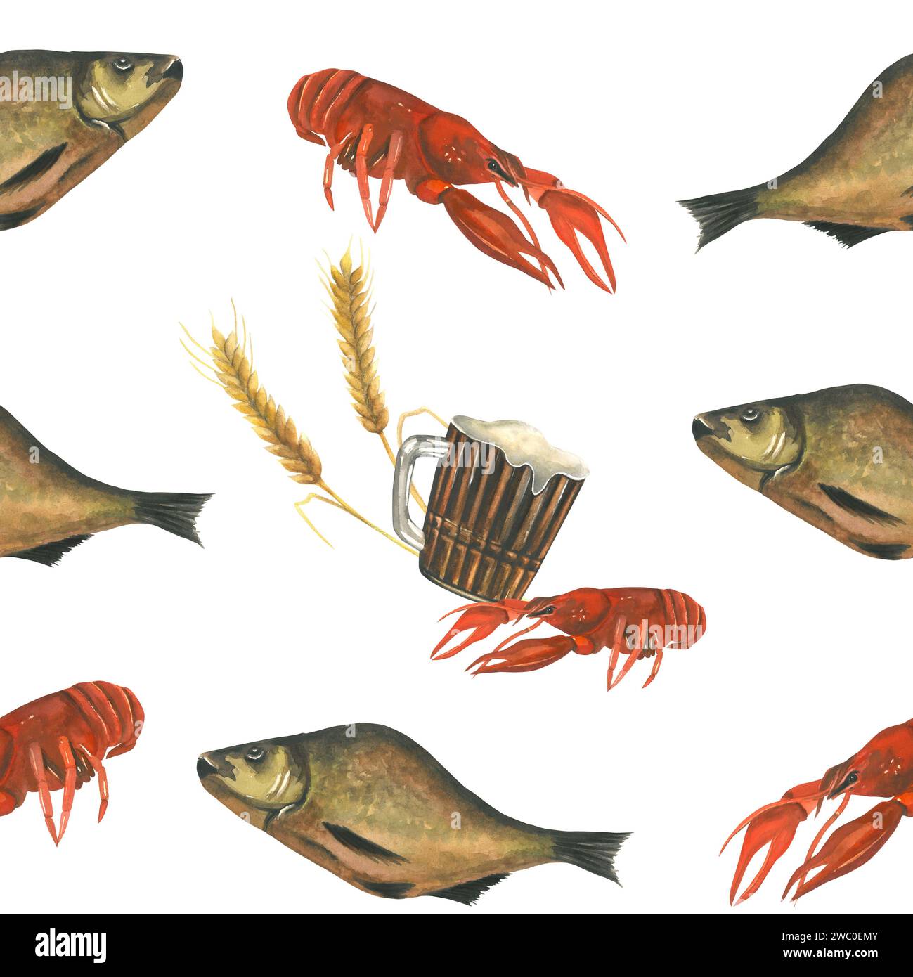 Watercolor illustration of beer, boiled crayfish, ear of barley and ...