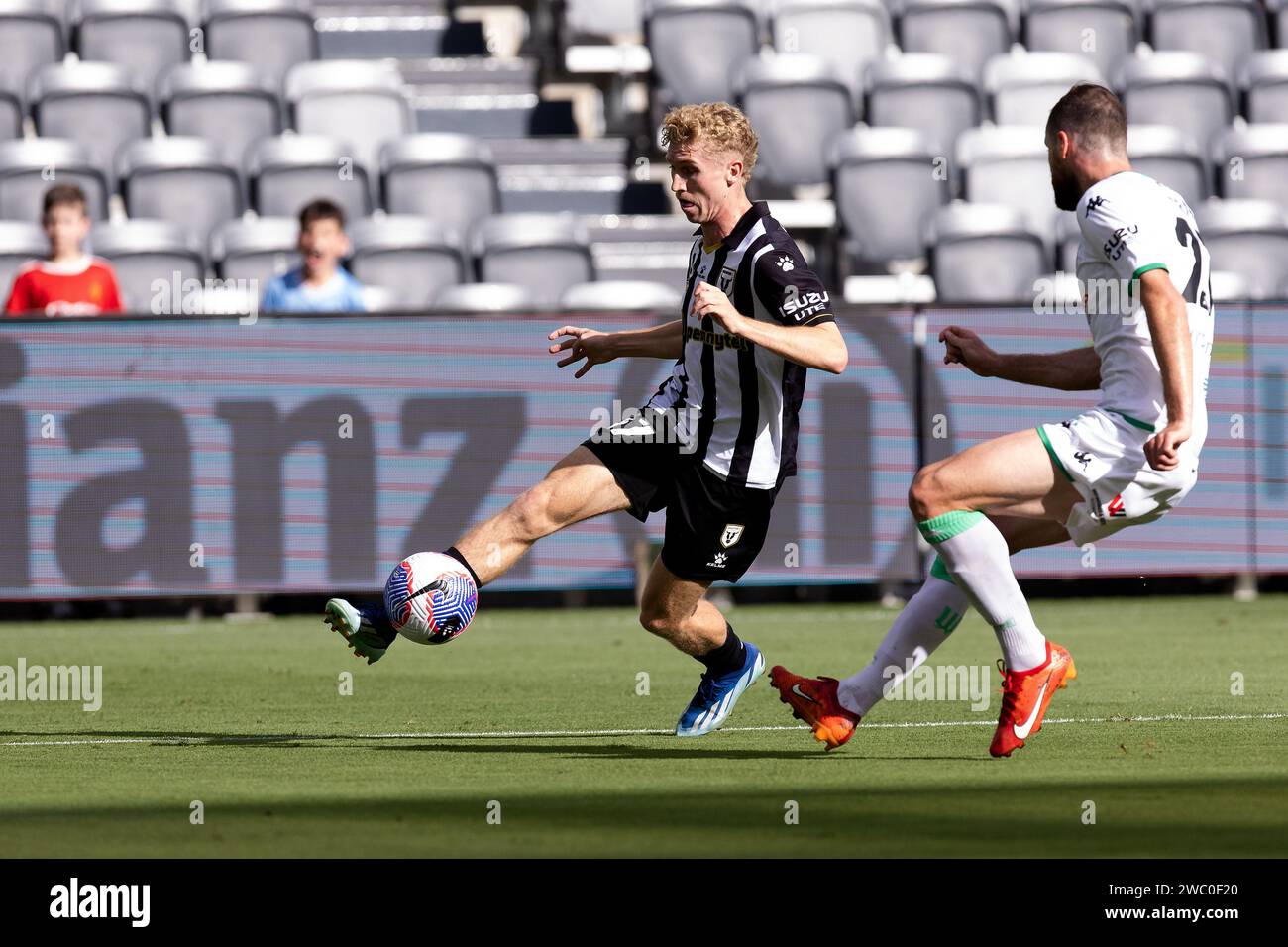 Sydney, Australia, 12 January, 2024. Jed Drew of Macarthur FC controls ...